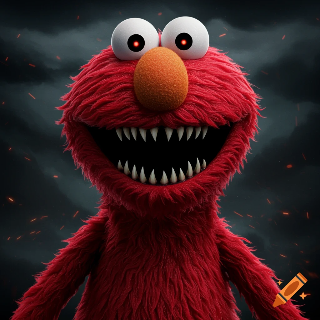 A creepy, villainous Elmo with sharp teeth and glowing red eyes stands in front of a stormy sky ...