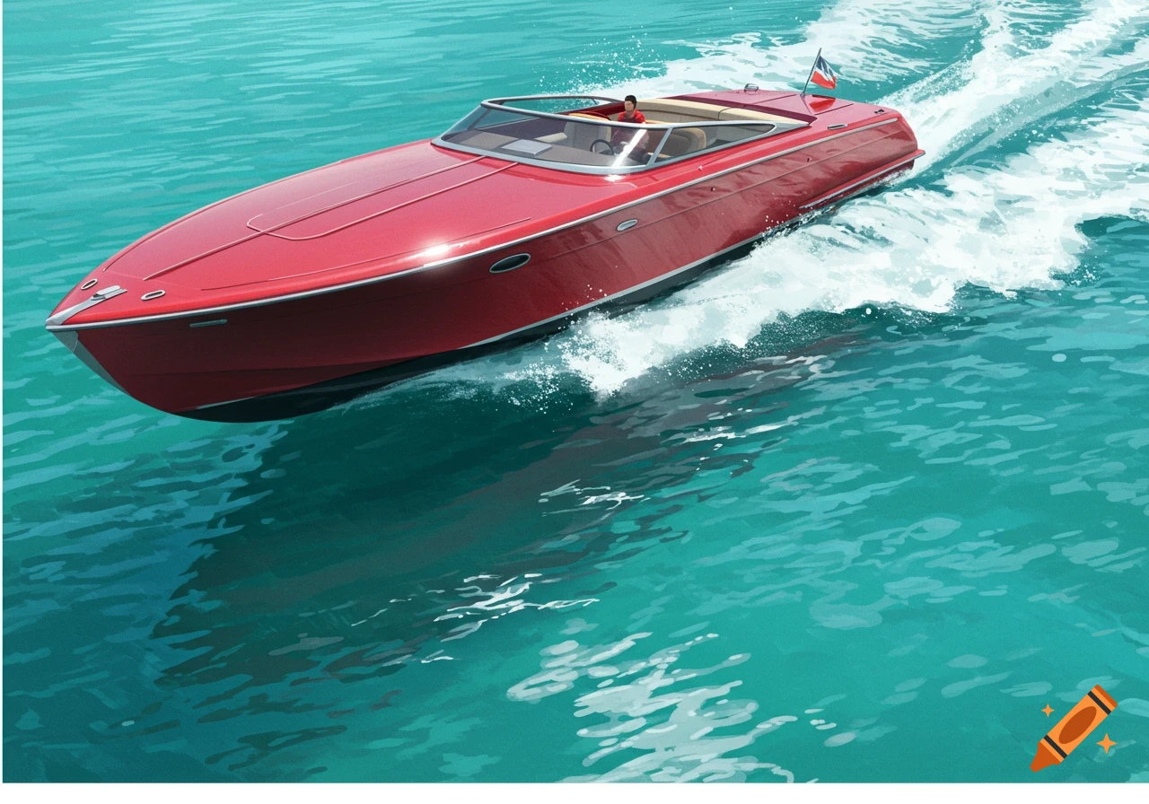 A red speed boat speeds across blue-green water, creating a large wake ...