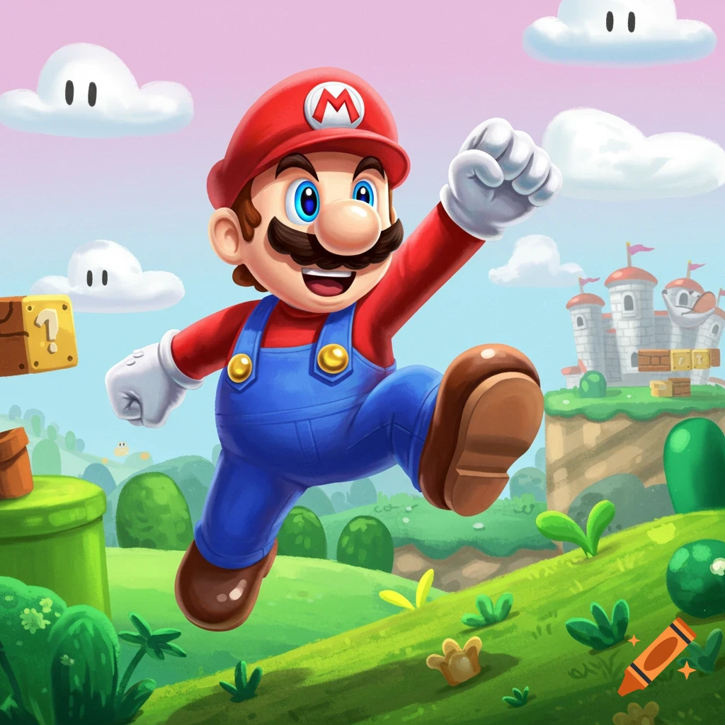 Mario jumping in a vibrant, colorful classic video game landscape with coins, question blocks ...