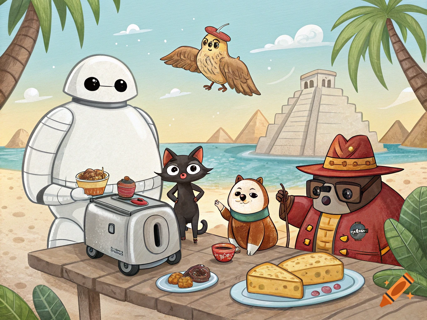Cartoon resort scene with Baymax, Ironman, Casper, owl, taco, black cat ...
