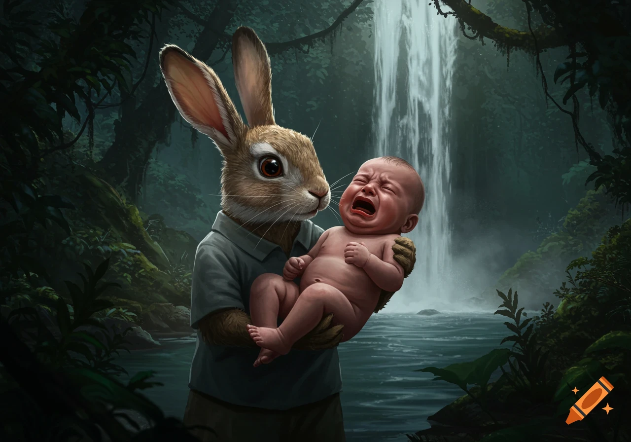 A clothed rabbit holds a crying baby near a waterfall in a dark forest ...