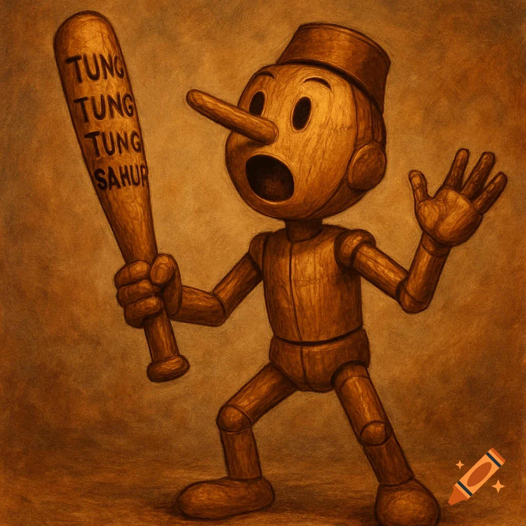 A wide-eyed wooden puppet is holding a bat with 'TUNG TUNG TUNG SAHUR ...