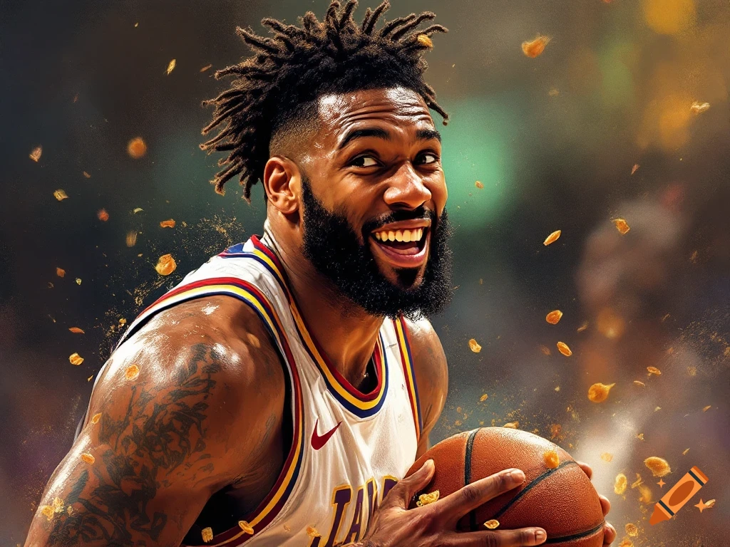 A smiling basketball player with dreadlocks and a beard holds a ball ...