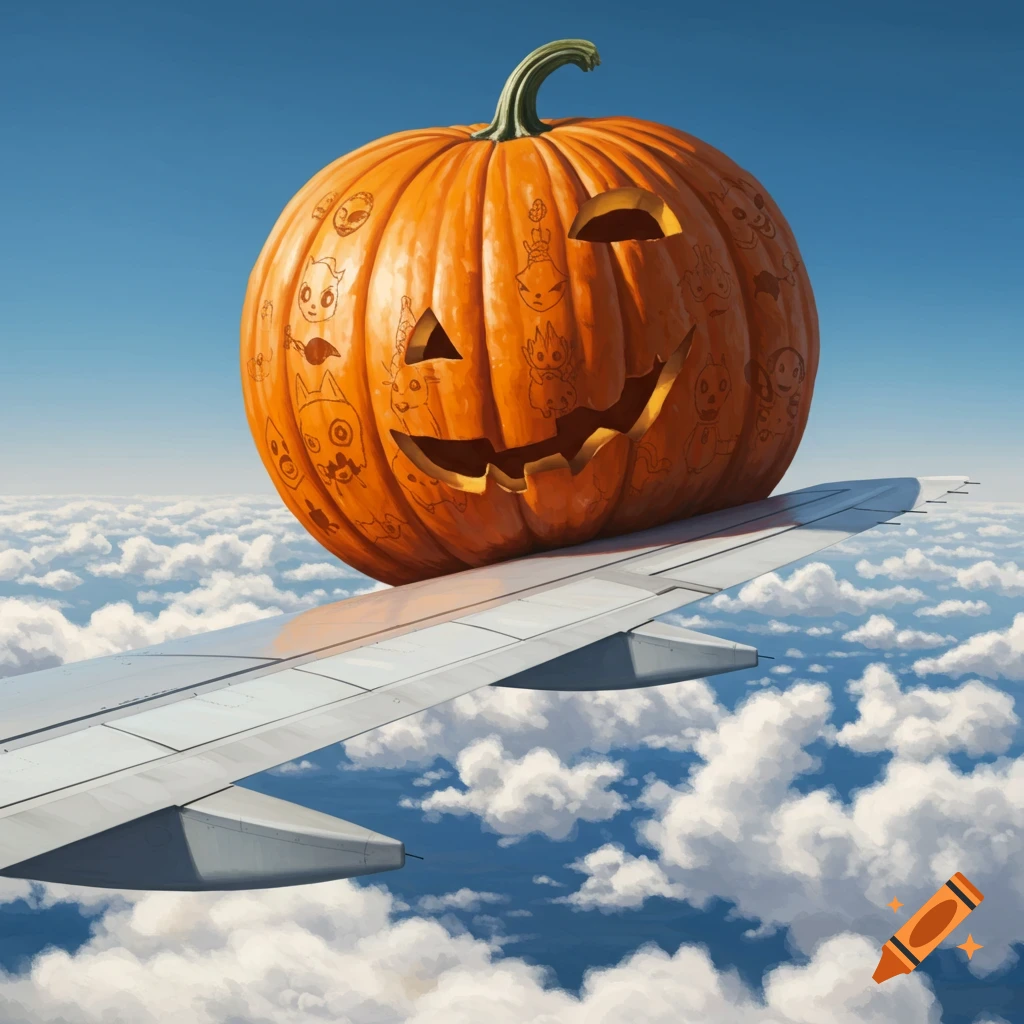 A giant jack-o'-lantern pumpkin covered in creature drawings sits on an ...