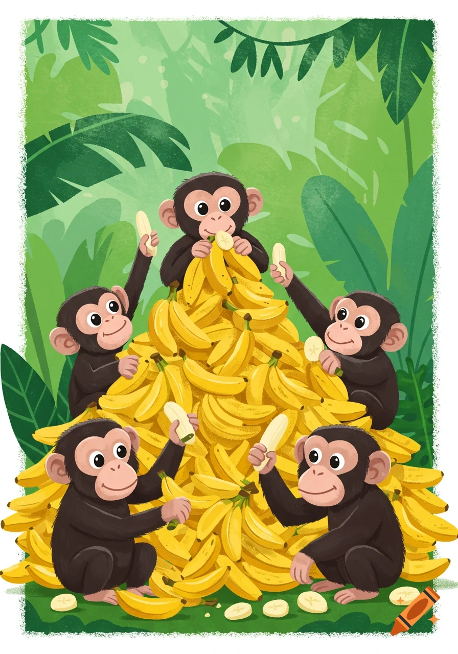 Cartoon monkeys play with and eat bananas in a lush jungle setting. on Craiyon