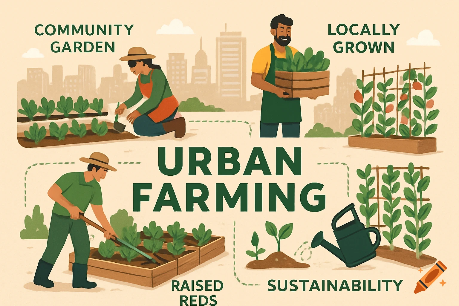 An illustration of a diverse group of people gardening and harvesting ...