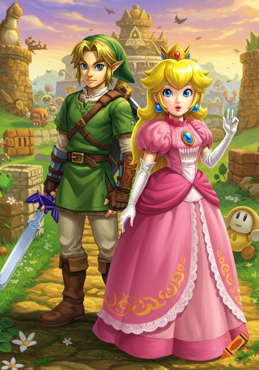 Link and Princess Peach standing on a path in a fantasy landscape with ...