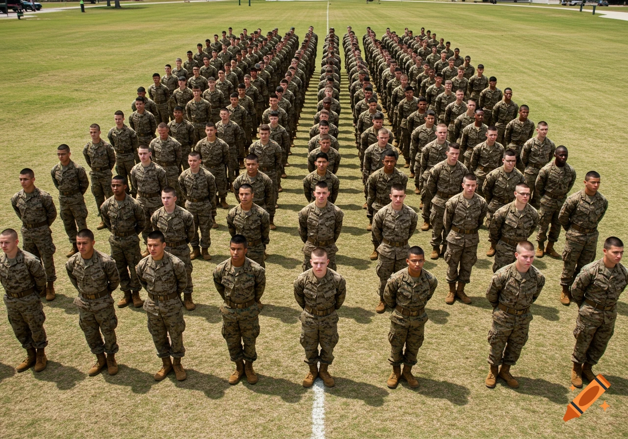 Large group of US Marine recruits standing in formation on a grassy ...