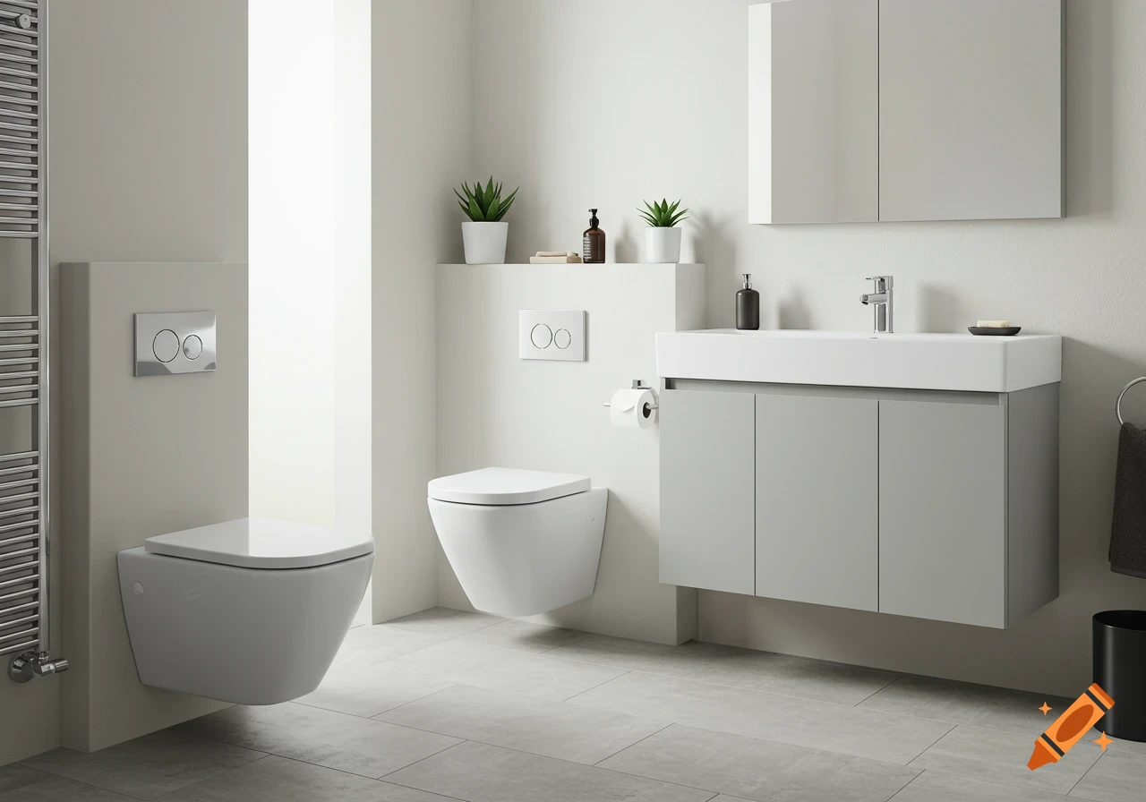Light grey bathroom with fitted toilet and sink units on Craiyon