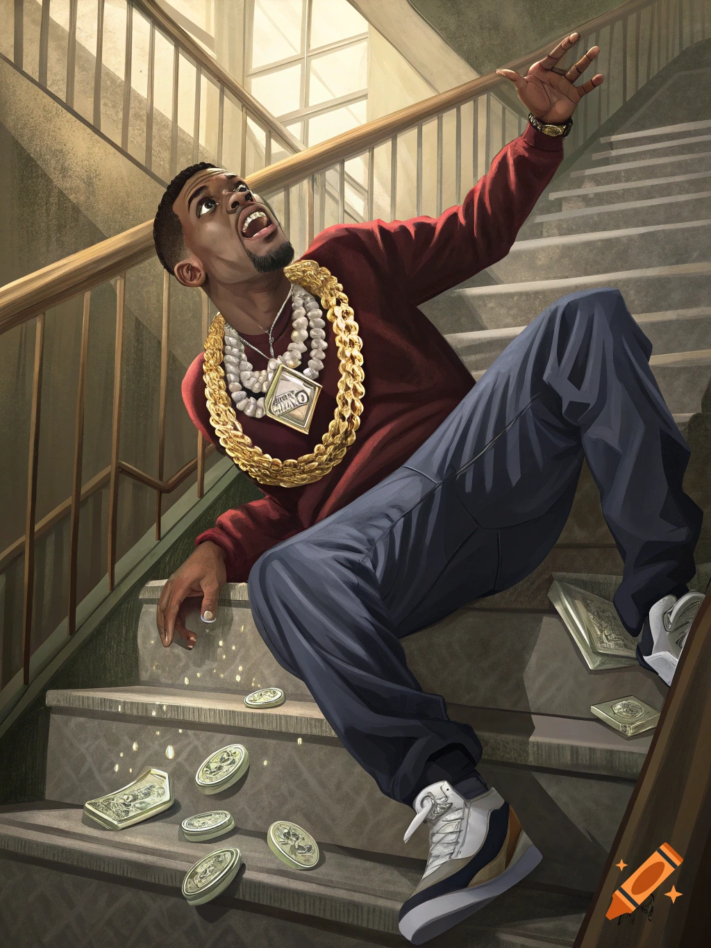 Illustration of a man with a large gold chain falling down stone stairs ...