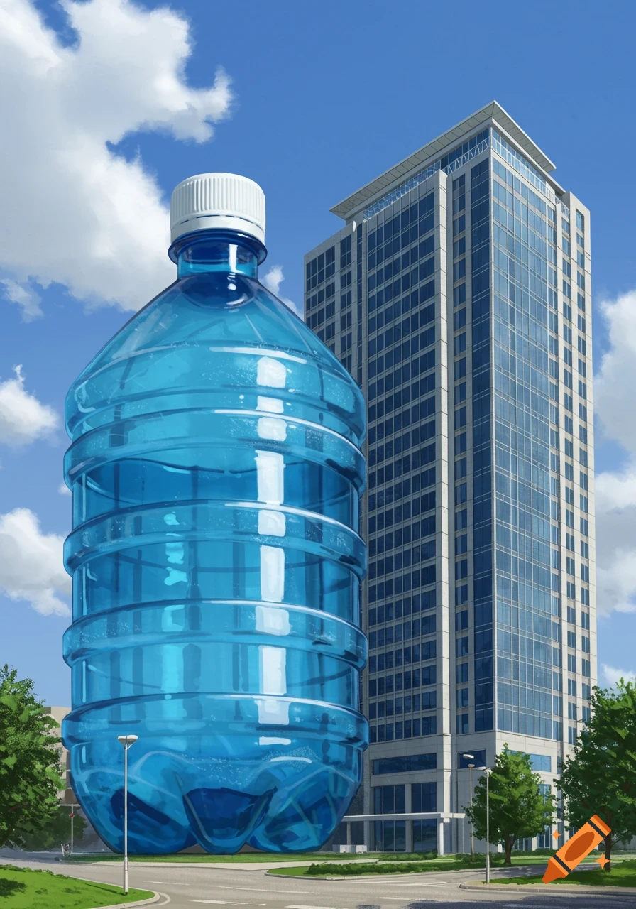 A gigantic water bottle stands next to a building. on Craiyon