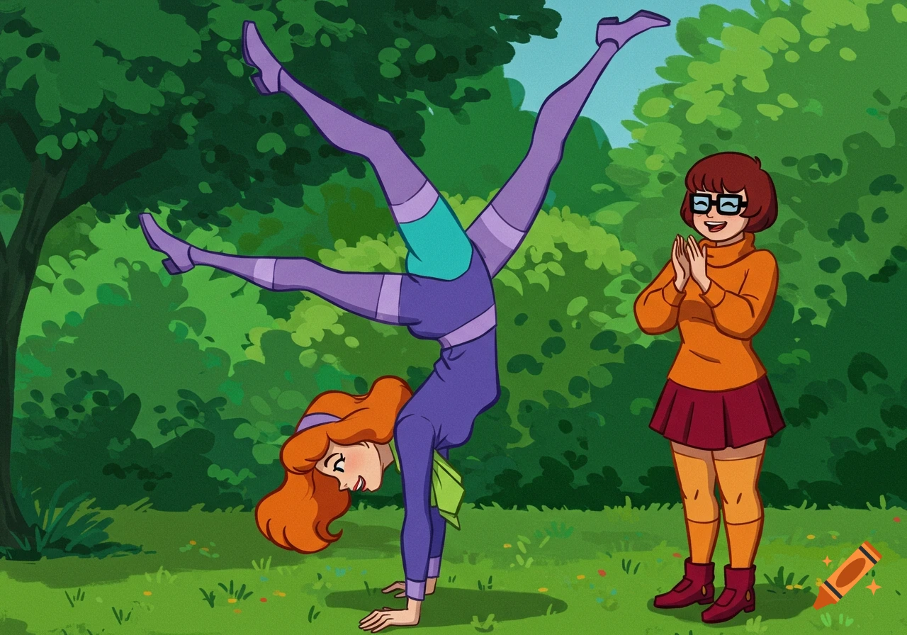 Daphne from Scooby-Doo doing a handstand with Velma clapping on Craiyon