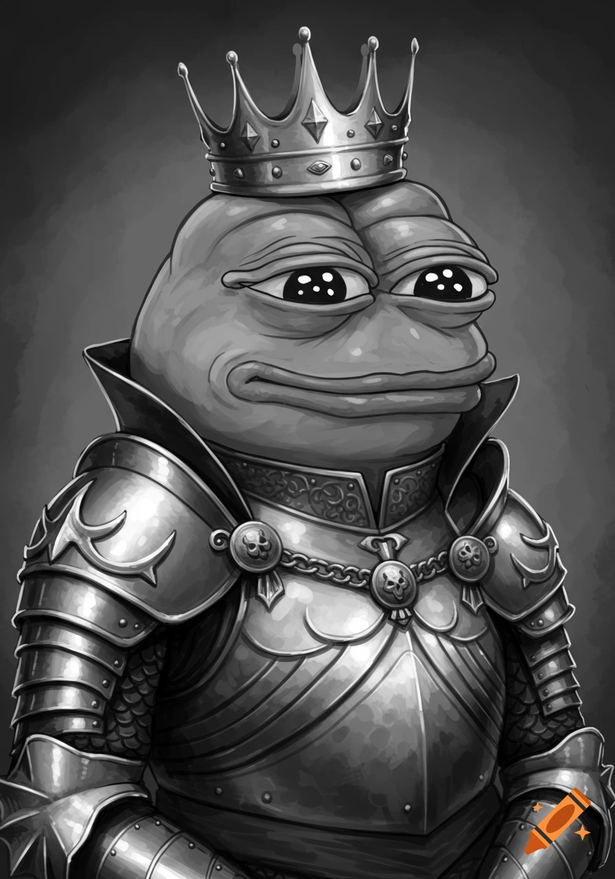 Grayscale portrait of Pepe the Frog wearing ornate fantasy armor and a ...