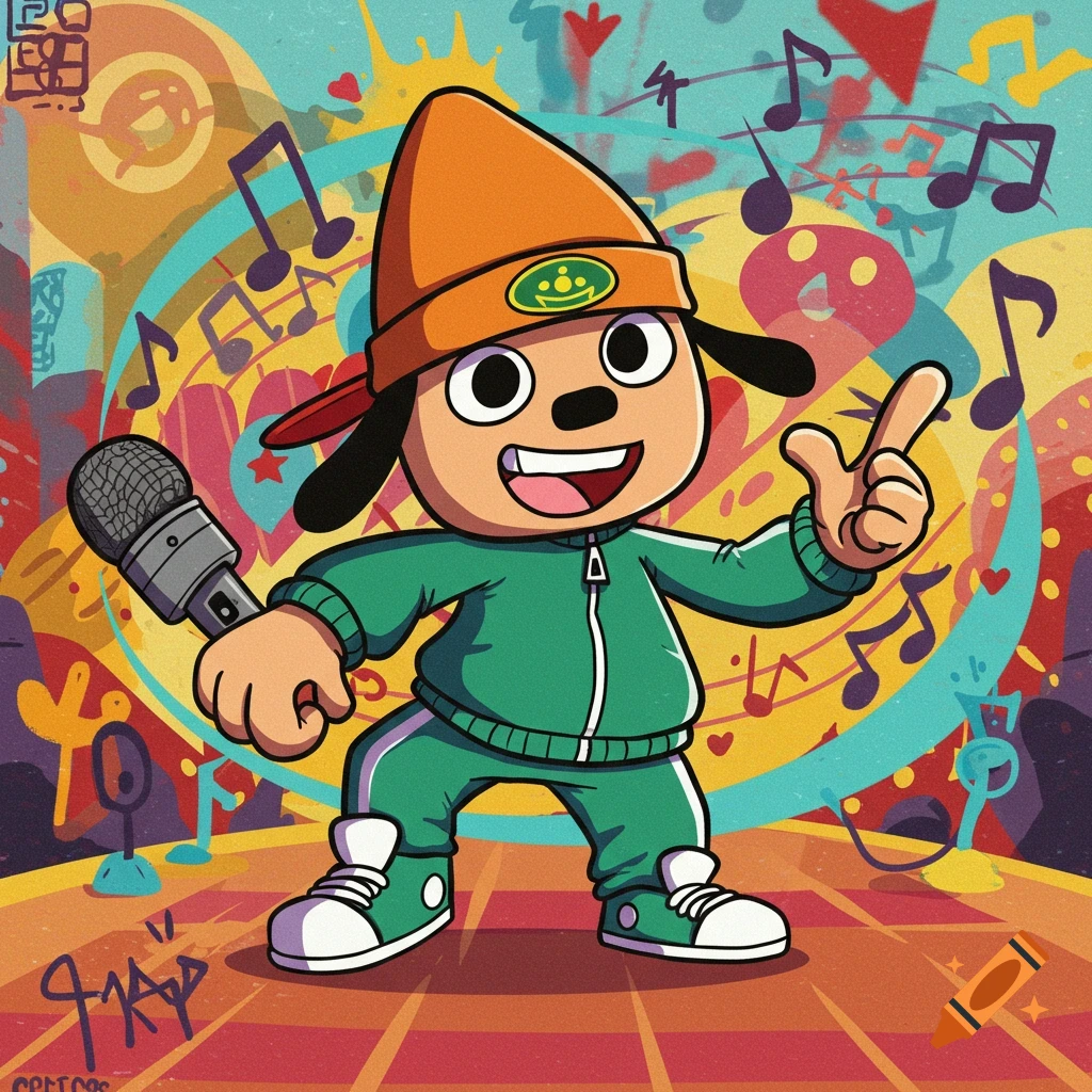 PaRappa the Rapper dances at a house party with friends, seen through a ...