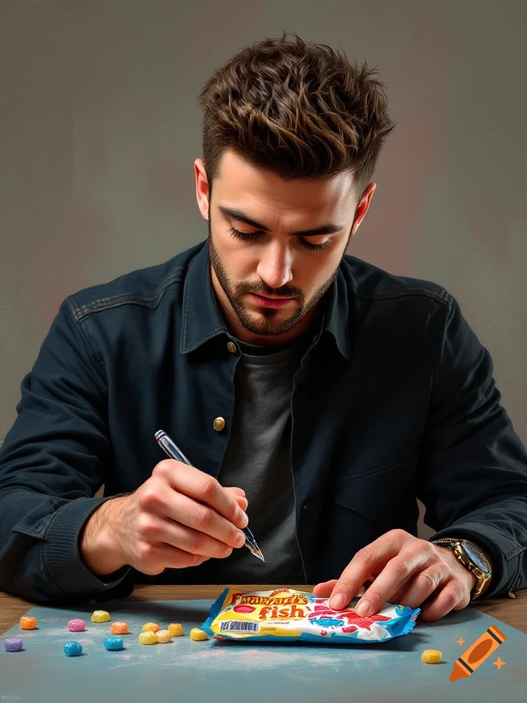 A man signing a packet of fish-shaped candy. on Craiyon
