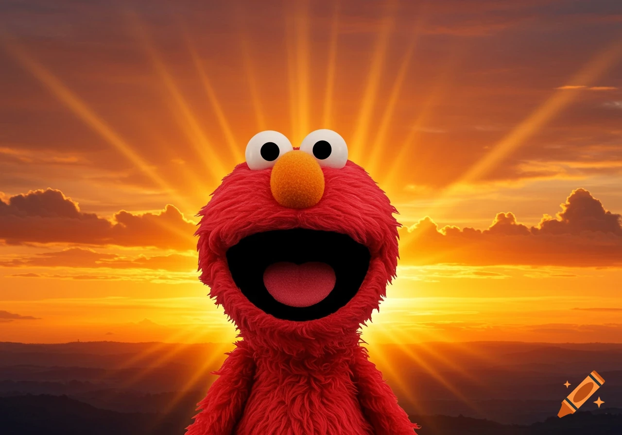 Elmo with a wide open mouth against a dramatic sunrise sky. on Craiyon