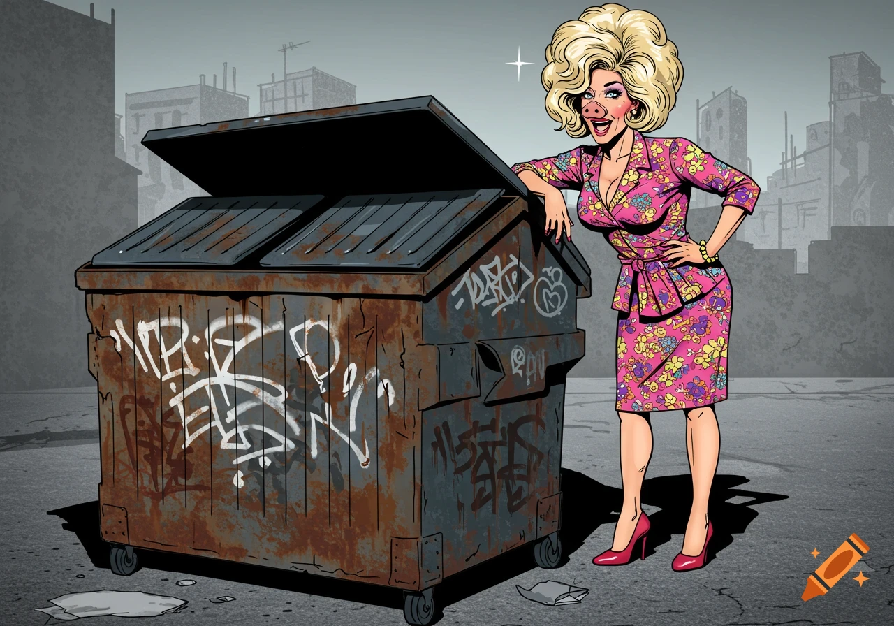 Woman in wig and lipstick with pig nose by dumpster on Craiyon