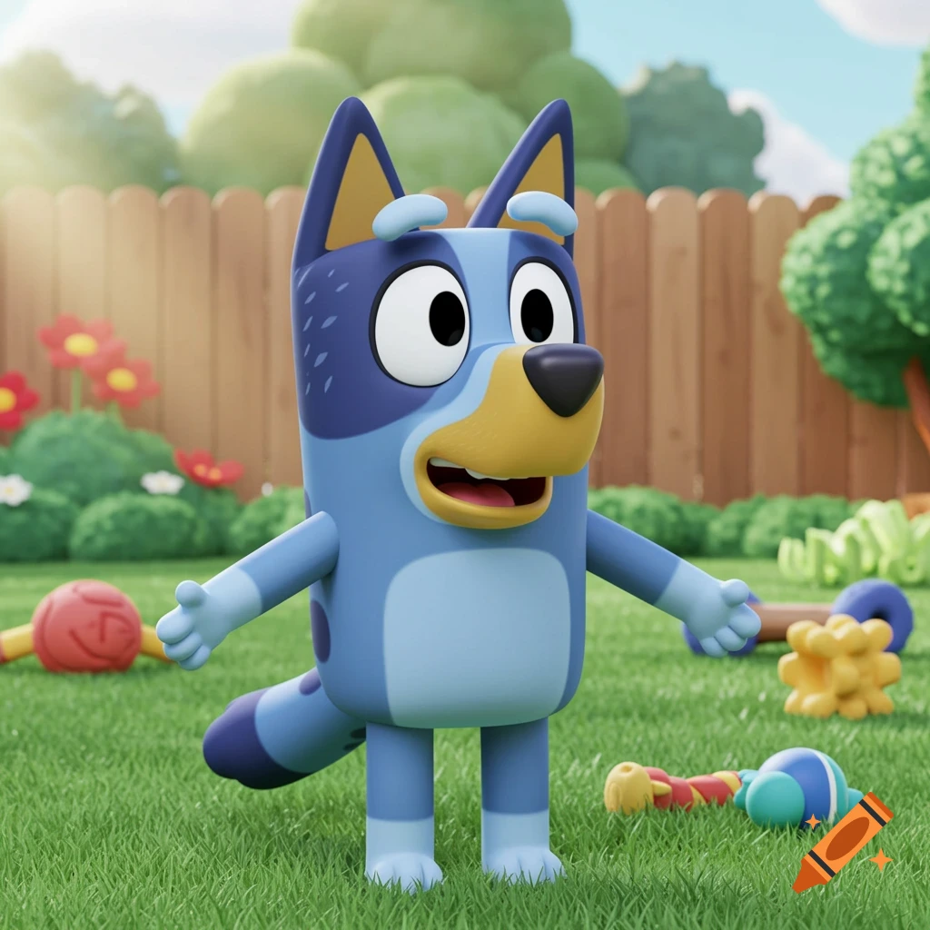 Animated cartoon of the character Bluey doing a tree pose on a pink ...