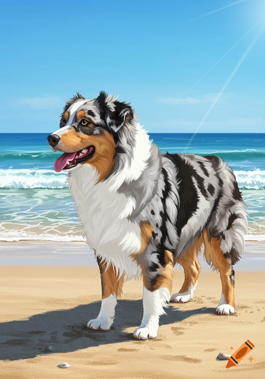 An Australian Shepherd dog stands in a golden field at sunset in an ...