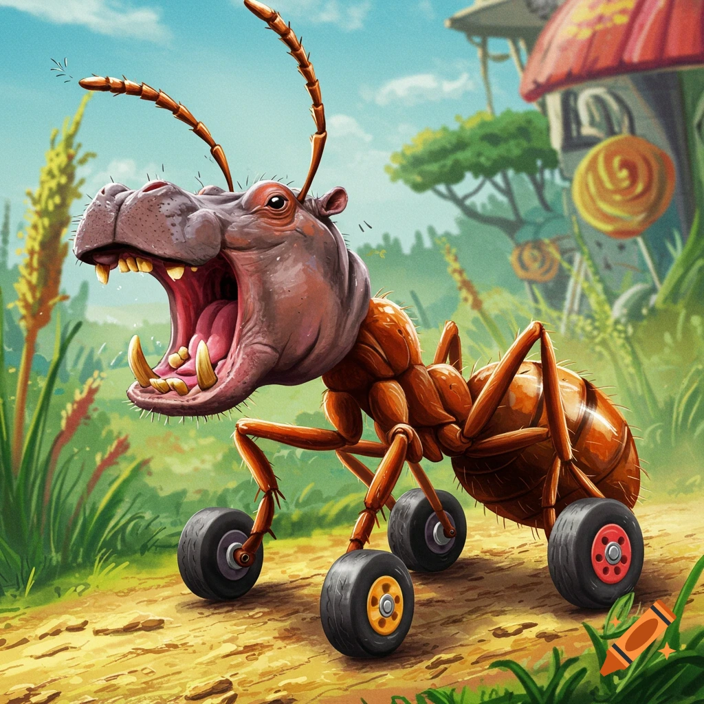 Ant with hippopotamus head and wheeled legs in Italian brainrot style ...