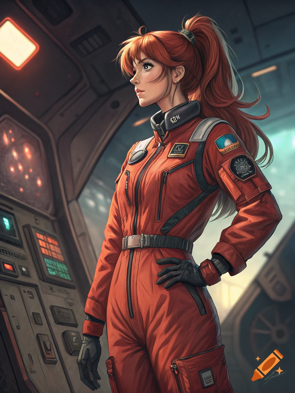 Anime woman with red hair in a red spacesuit in a spaceship cockpit on ...