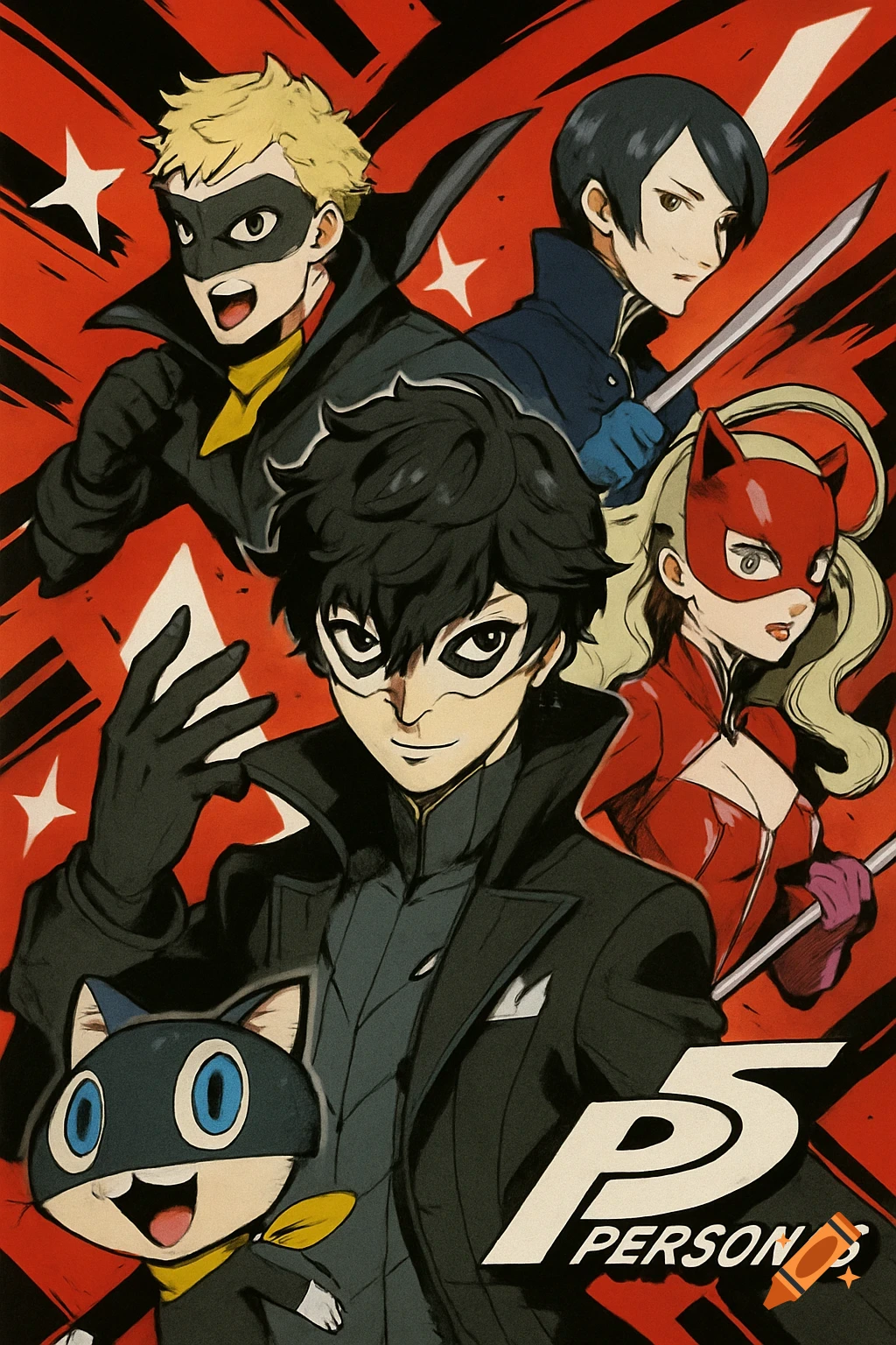 Anime style illustration of Persona 5 characters Joker, Ryuji, Yusuke ...