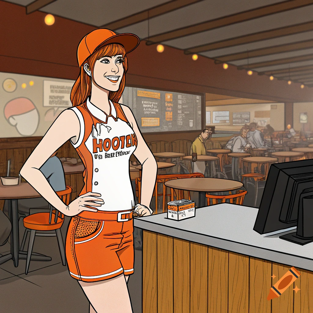 A cartoon woman in a Hooters uniform stands smiling behind a counter in ...