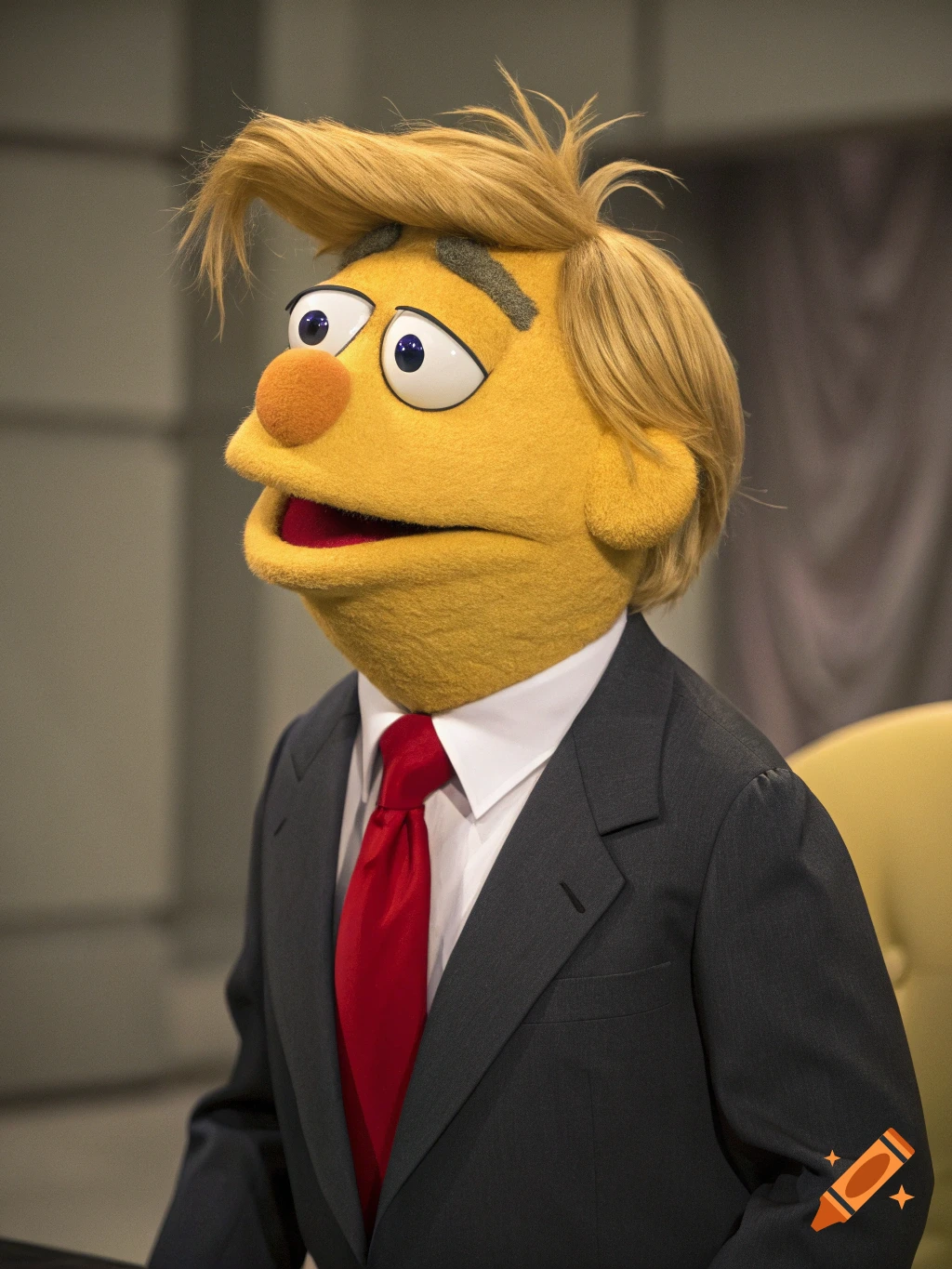 A muppet resembling Donald Trump wears a suit and red tie. on Craiyon