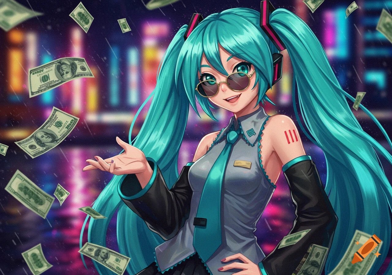 Anime character Hatsune Miku in sunglasses with money falling around ...