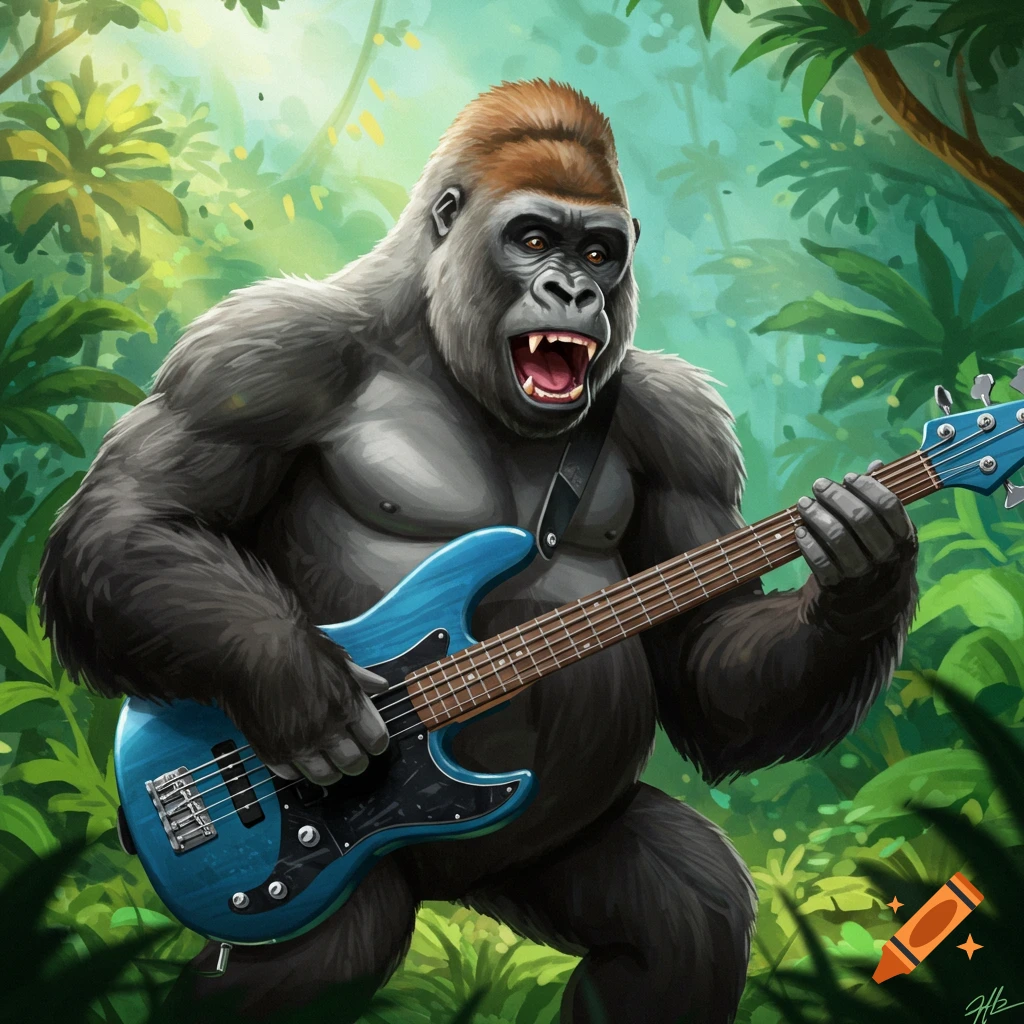 Cartoon chimpanzee, orangutan, and gorilla playing guitars in a jungle on Craiyon