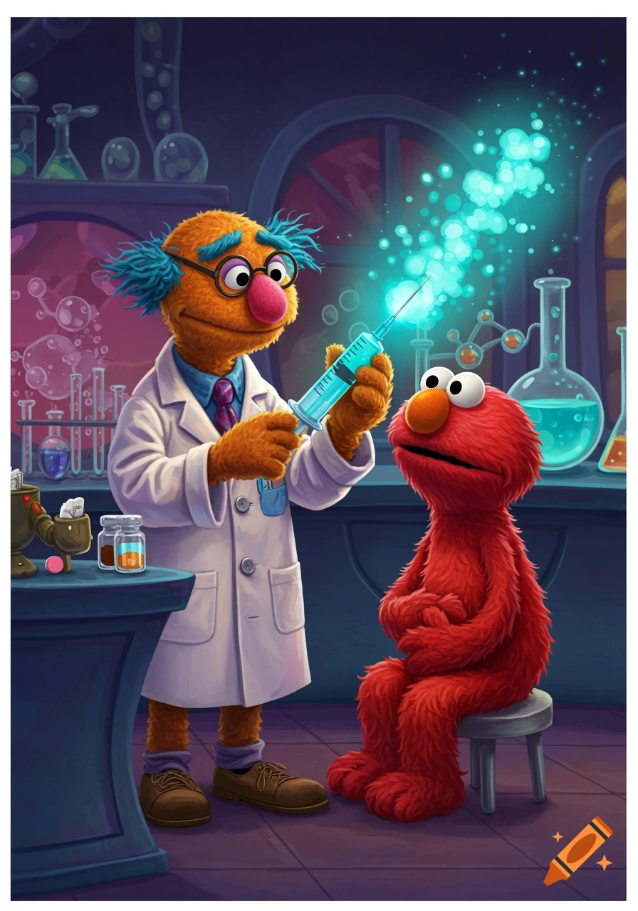 Dr. Bunsen Honeydew gives Elmo a syringe in a colorful science lab, in ...
