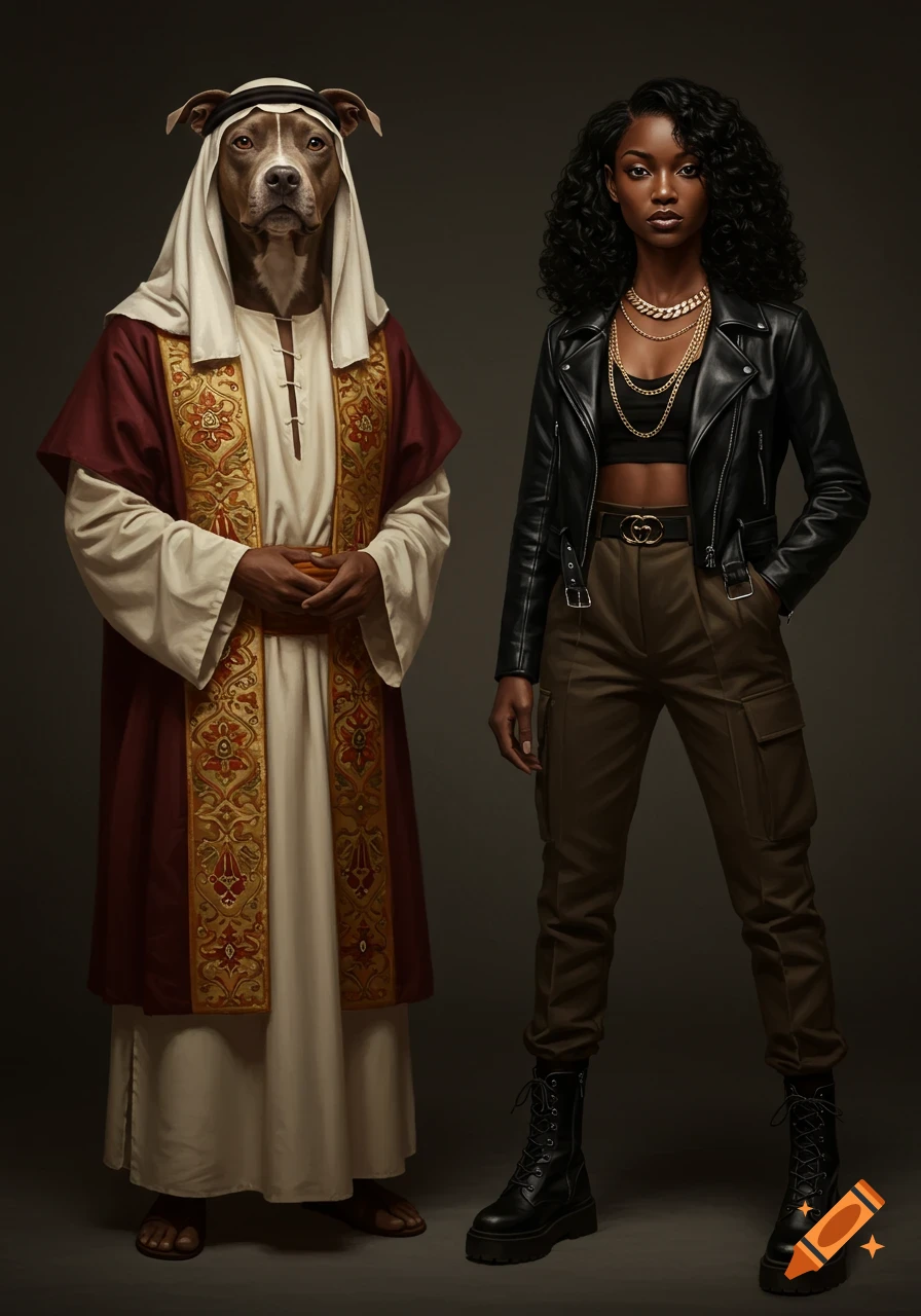 Two stylish Black humans inspired by dogs, one in ancient robes, the ...