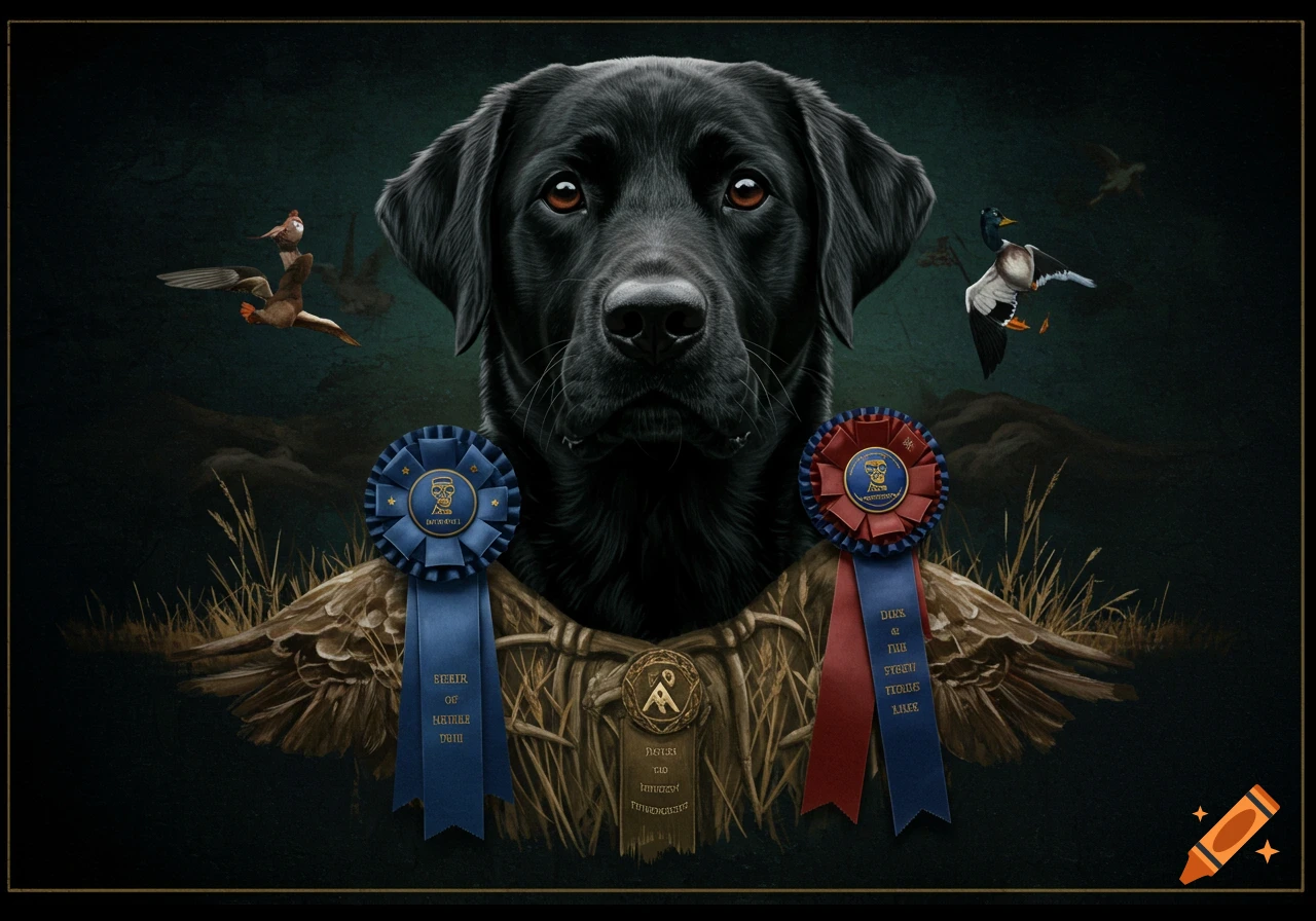 A dramatic image of a black Labrador retriever wearing hunting ribbons ...