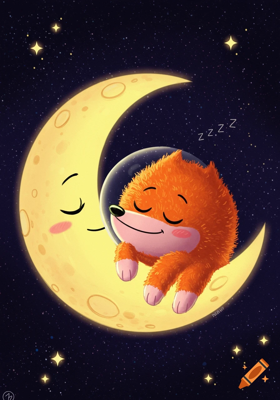 Astro from Dandys World sleeping on a crescent moon on Craiyon