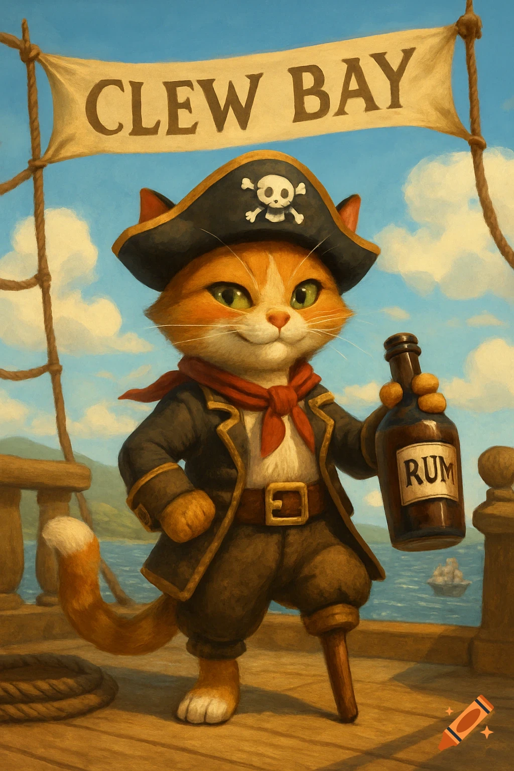 Pirate cat with peg leg and rum on deck, 'Clew Bay' banner. on Craiyon