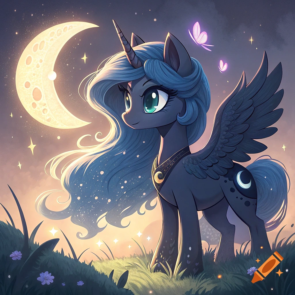A dark blue cartoon winged unicorn stands in grass at night under a large crescent moon and ...