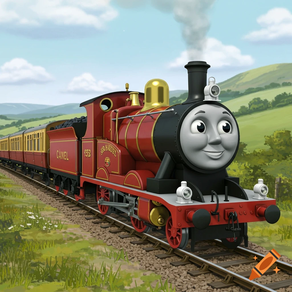Two anthropomorphic blue and green steam trains on tracks in a field ...