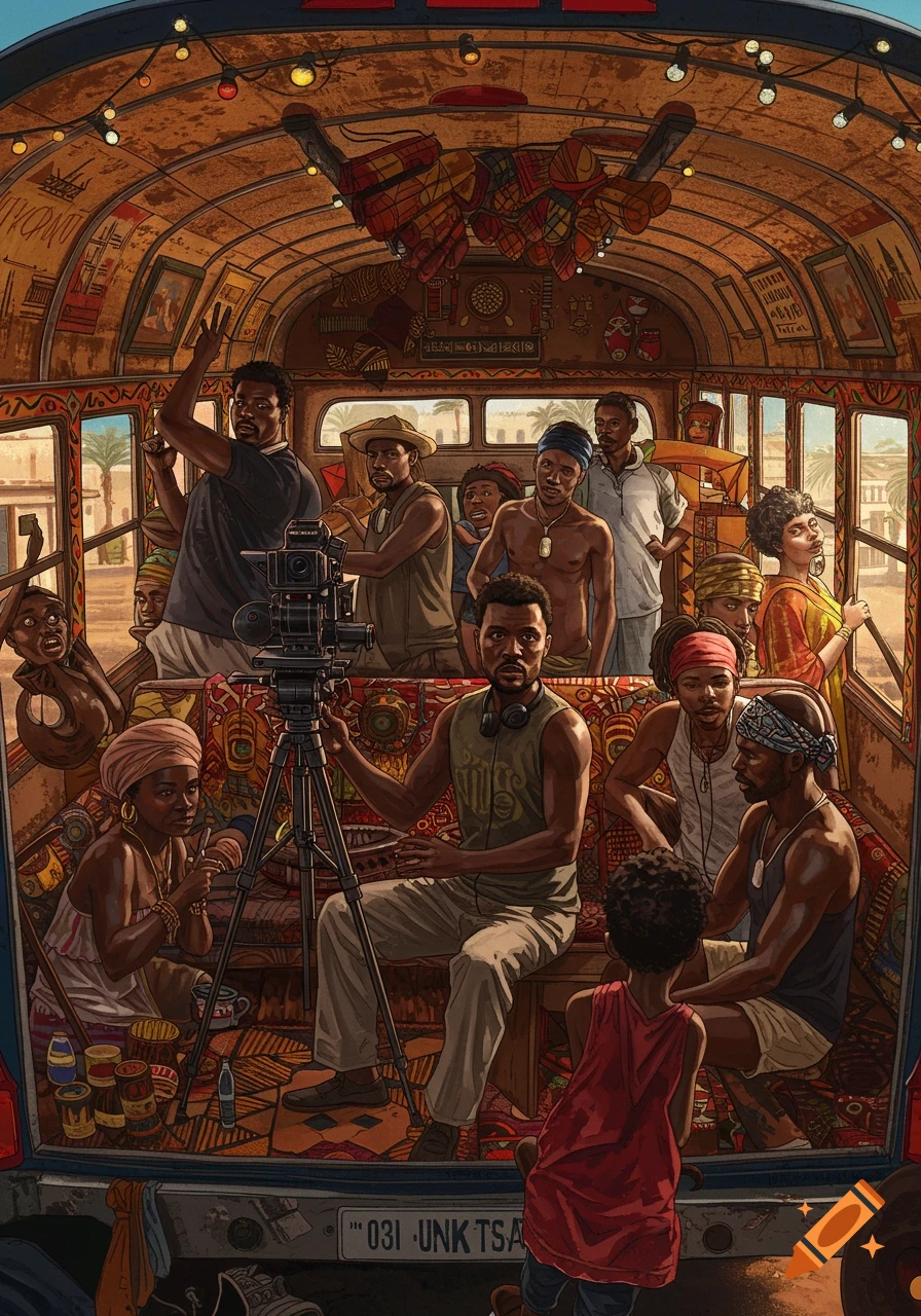 A large film crew with camera equipment is inside a decorated bus in ...