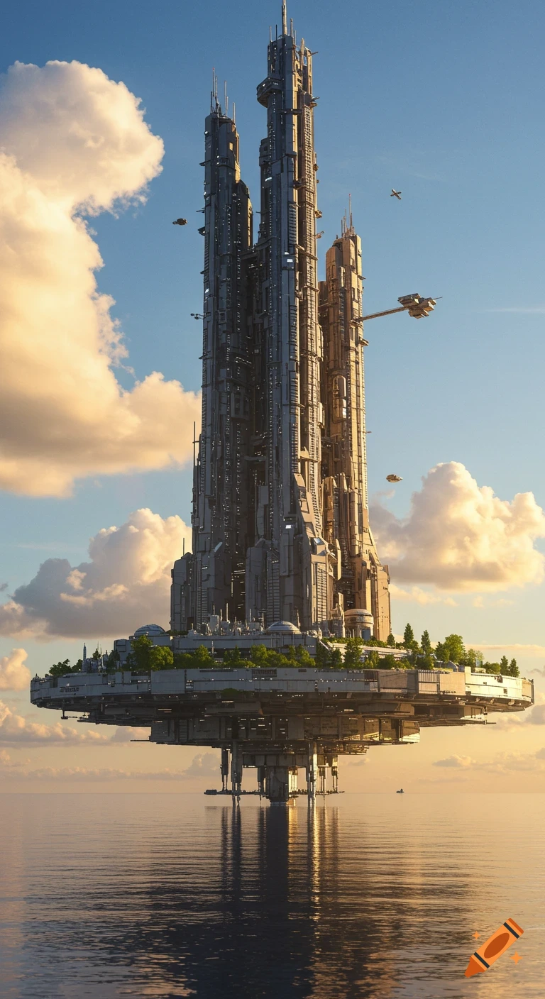 A tall futuristic floating megastructure over water with flying ...