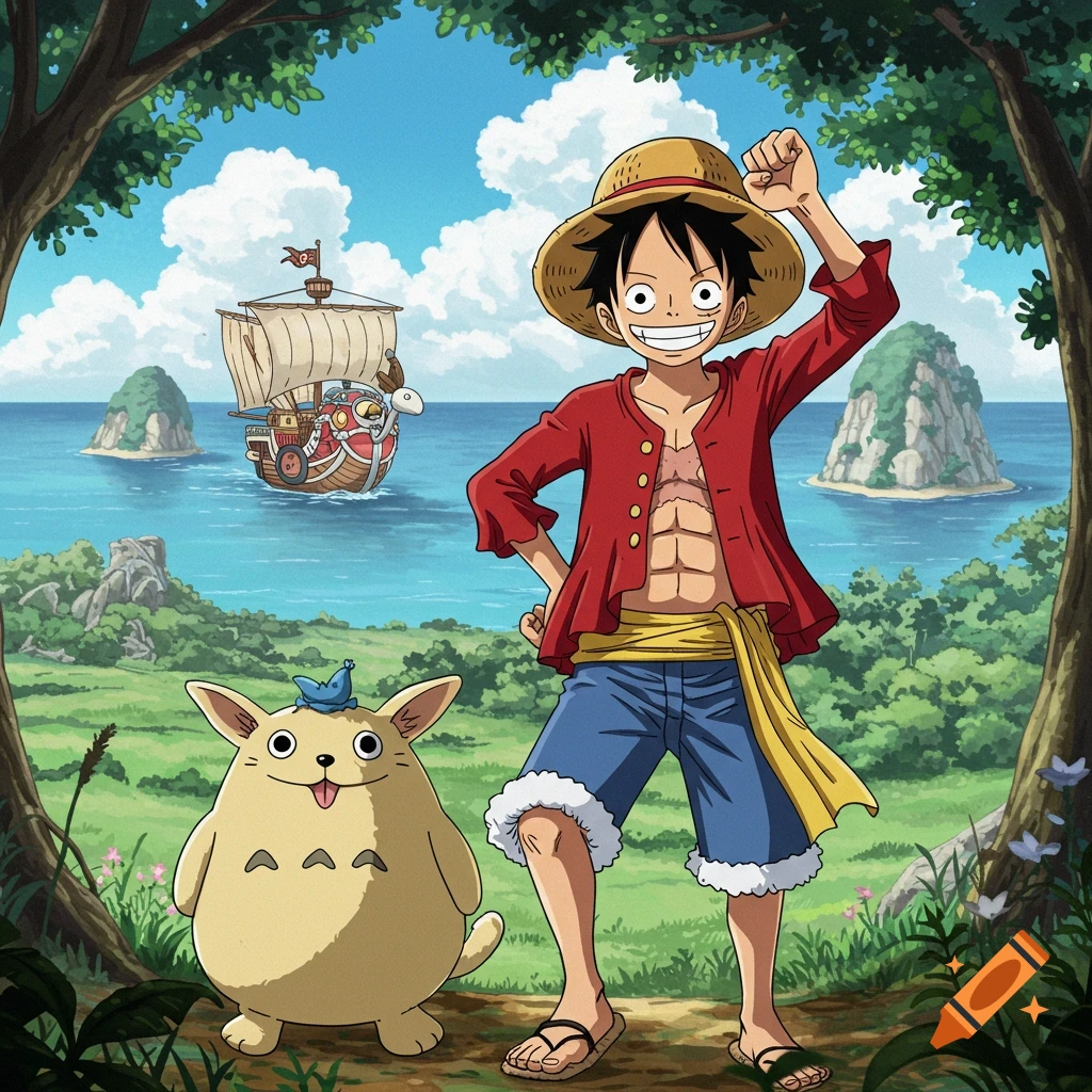Luffy and a large, furry creature stand in a lush landscape with a ship ...