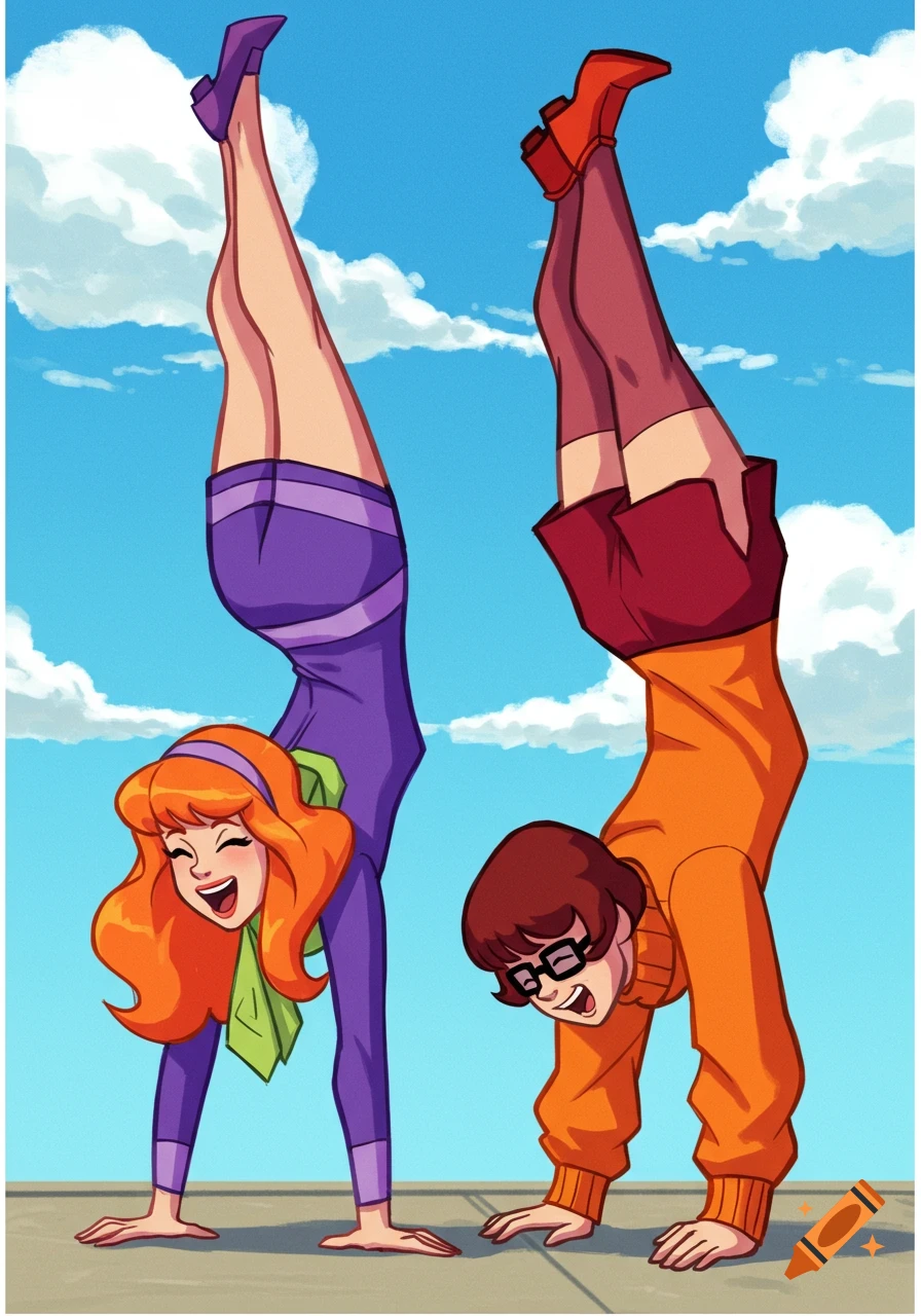 Cartoon of Velma from Scooby-Doo inflated like a giant balloon in a sunflower field. Daphne ...