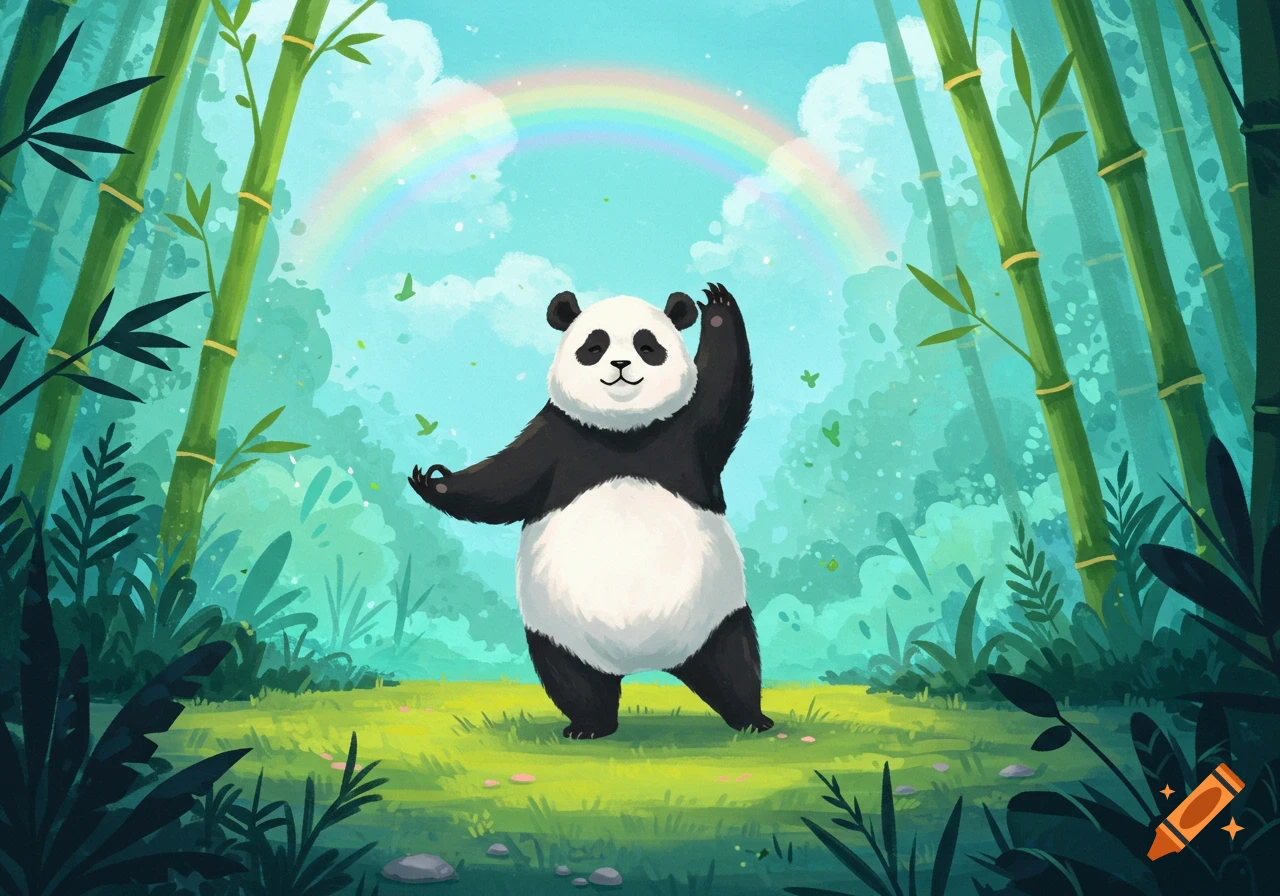 Panda practicing cat-cow yoga pose near rainbow on Craiyon