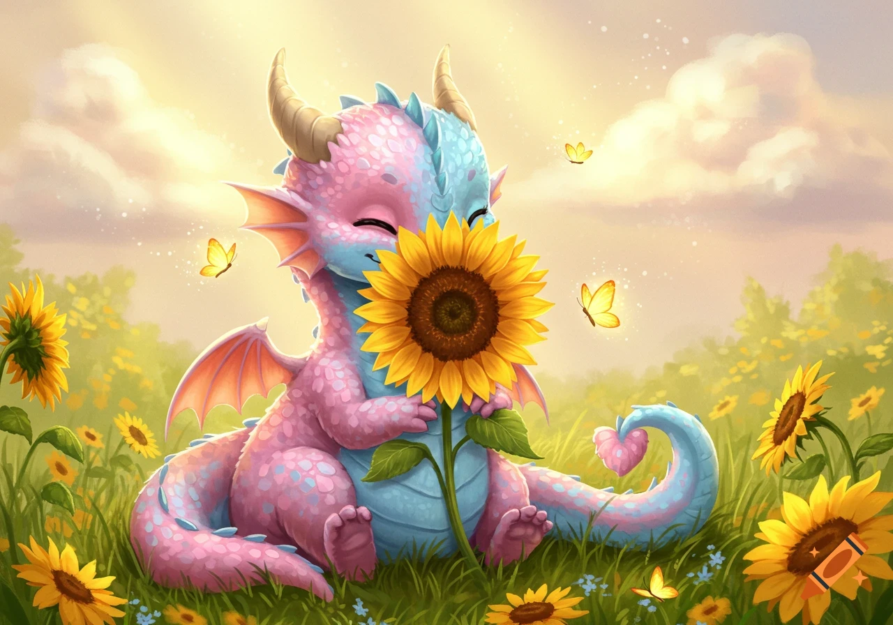 A cute pink and blue baby dragon smells a sunflower in a sunny meadow ...