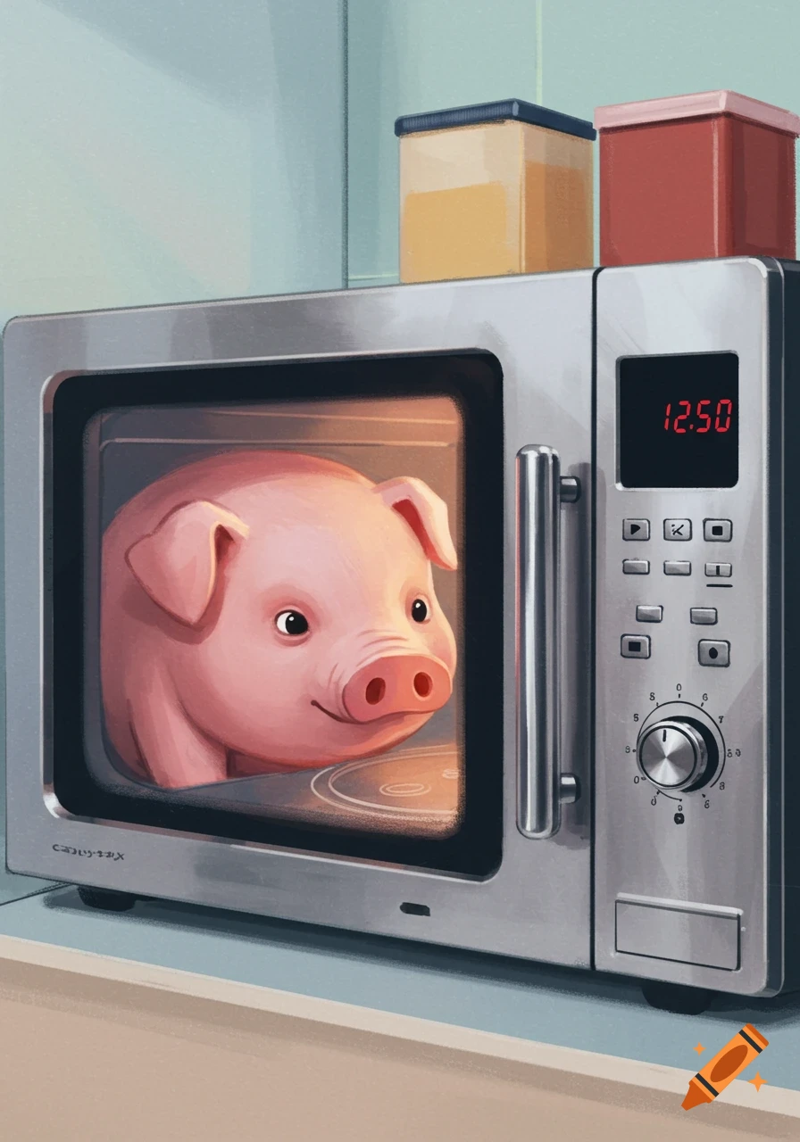 A pink pig playfully tangled in blue and orange network cables against ...