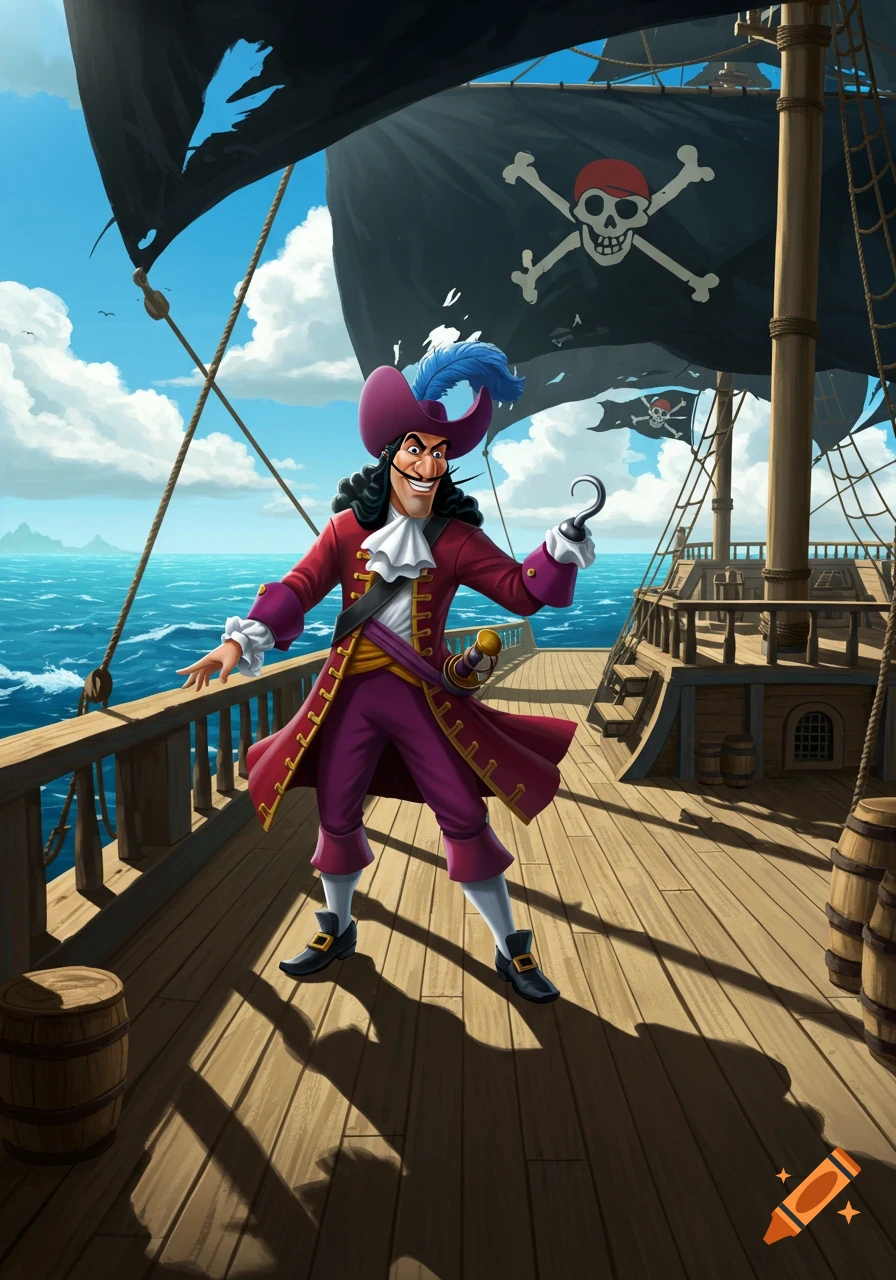 Captain Hook stands on the deck of a pirate ship, beneath a skull flag ...
