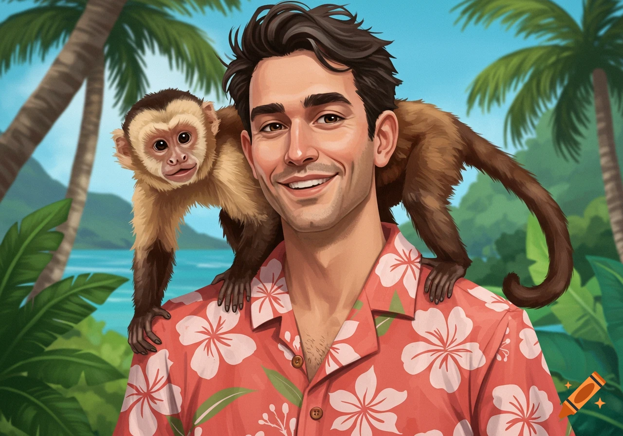 Illustration of a man with a monkey on his shoulder in a jungle holding ...