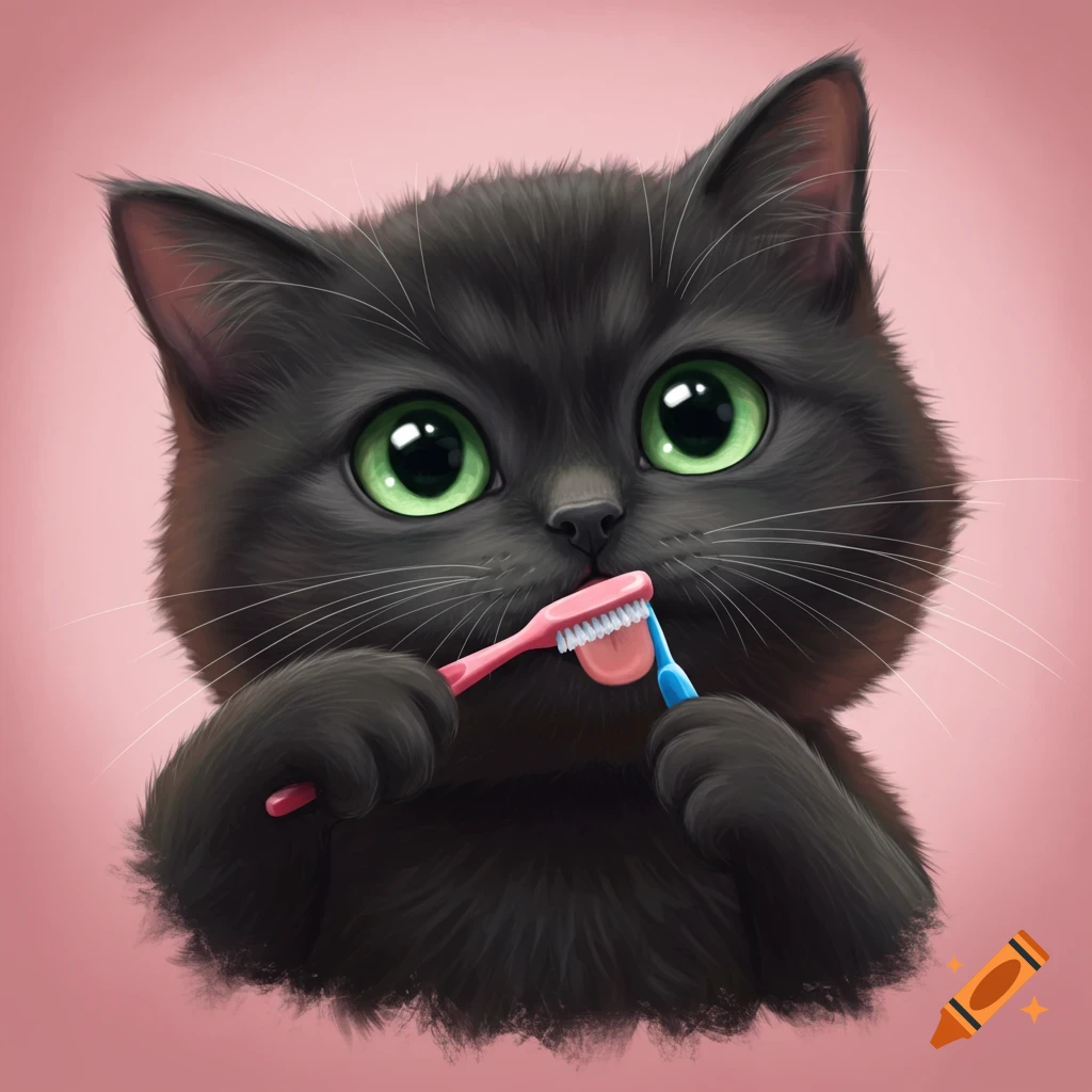 Cute black cat brushing teeth on Craiyon