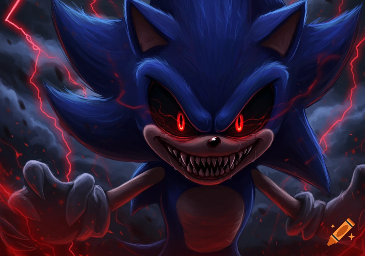 Evil Sonic with sharp teeth and red eyes, surrounded by stormy clouds ...