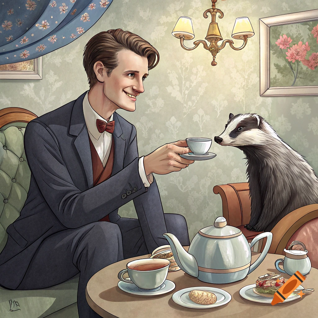 Illustration of a man having tea with a badger at a table on Craiyon