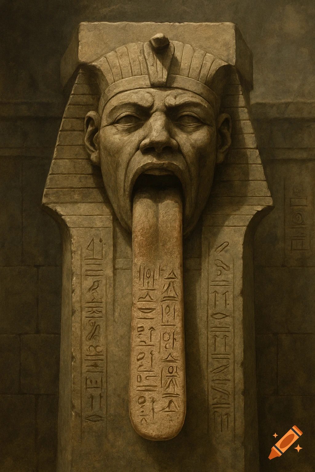 Stone pillar with face, open mouth, tongue with Egyptian writing. on ...